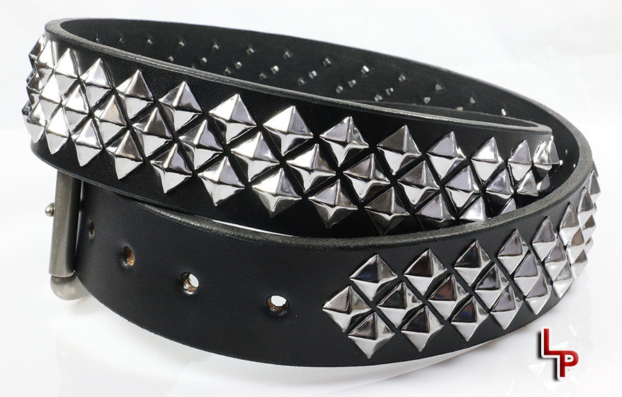 Three Row Diagonal Pyramid Studded Leather Belt| Leatherpunk