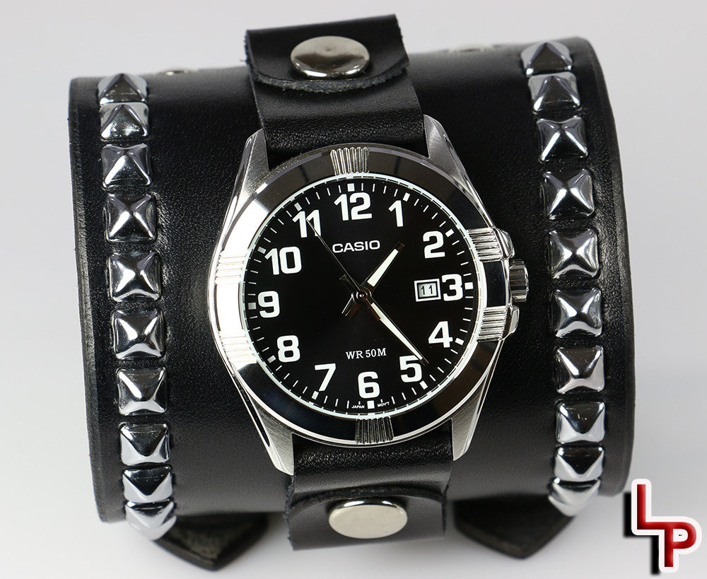 3" Pyramid Studded Watch Cuff, Black Leather| Leatherpunk